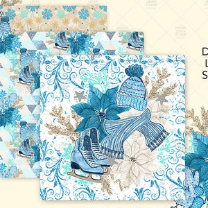 Hello Winter Blue Christmas Hand Painted Digital Papers, Pine Branches ...