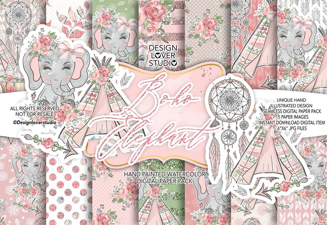Boho Elephant Cute Digital Paper Pack, Boho Watercolor Flower, Floral ...