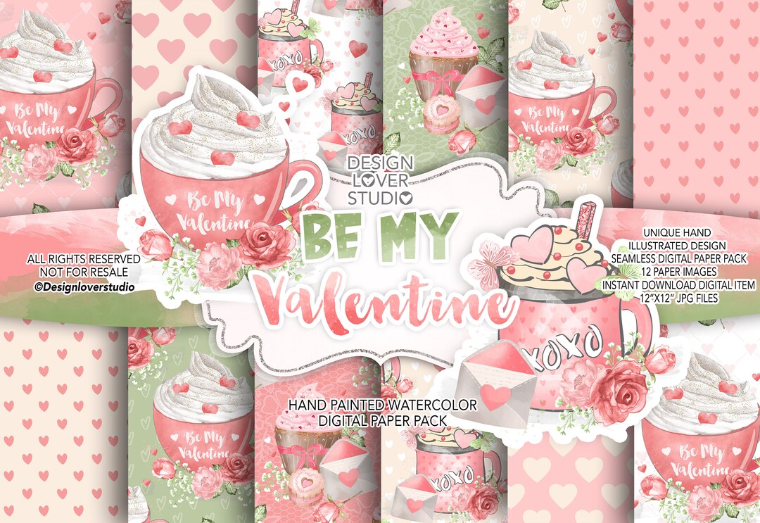 Be My Valentine Digital Paper Pack, Pattern, Romantic Watercolor ...