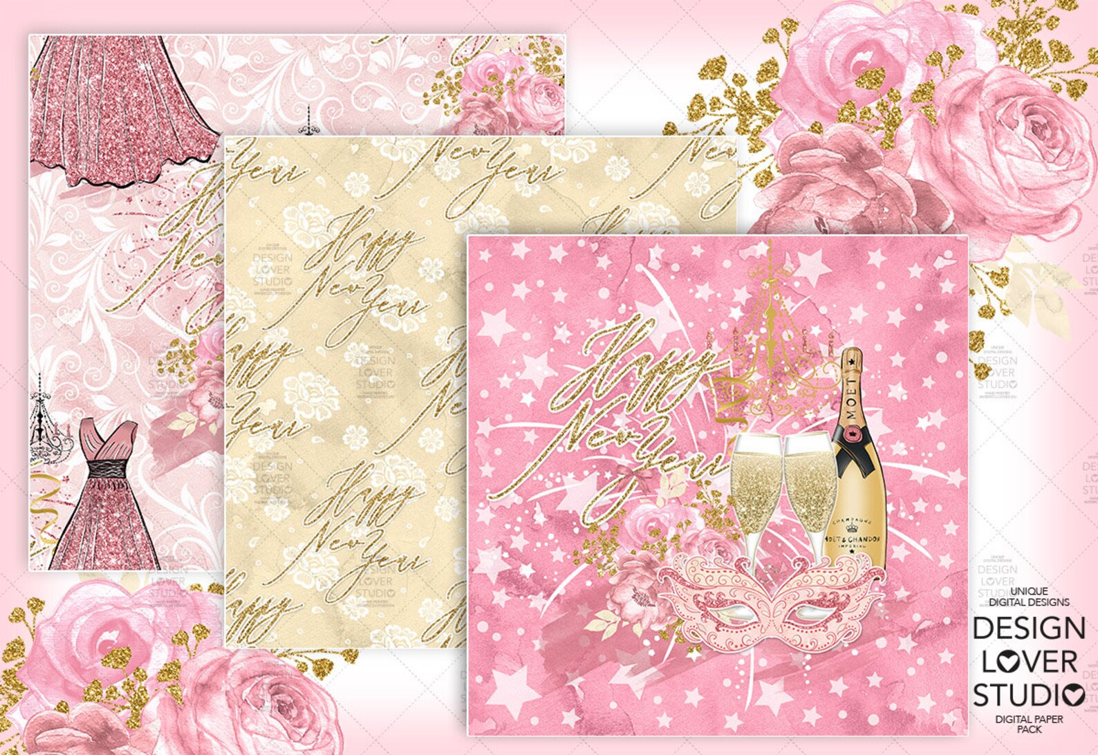 Happy New Year Digital Paper Champagne Gold New Year - Etsy