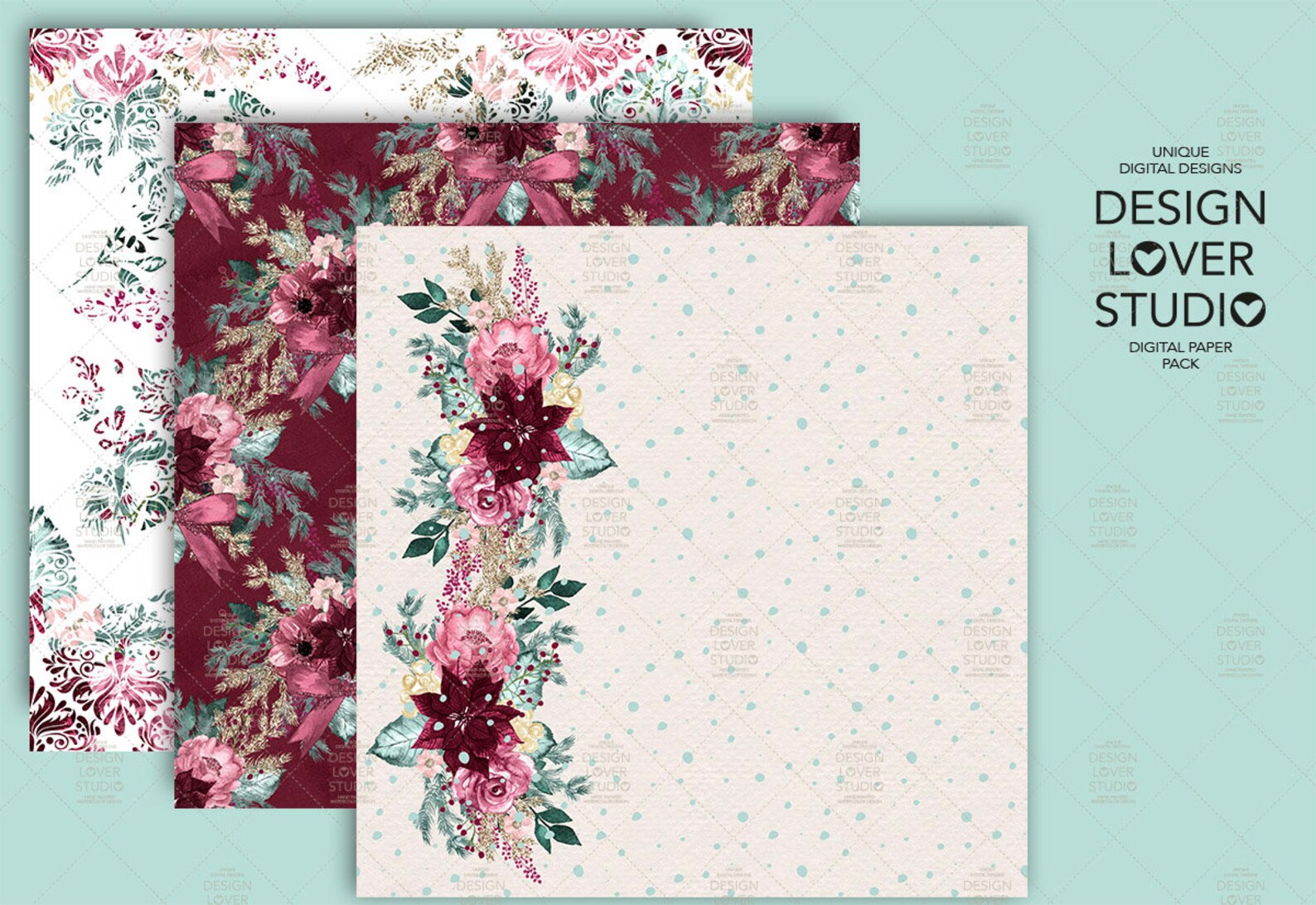 Burgundy Christmas Design Digital Paper Pack Christmas - Etsy