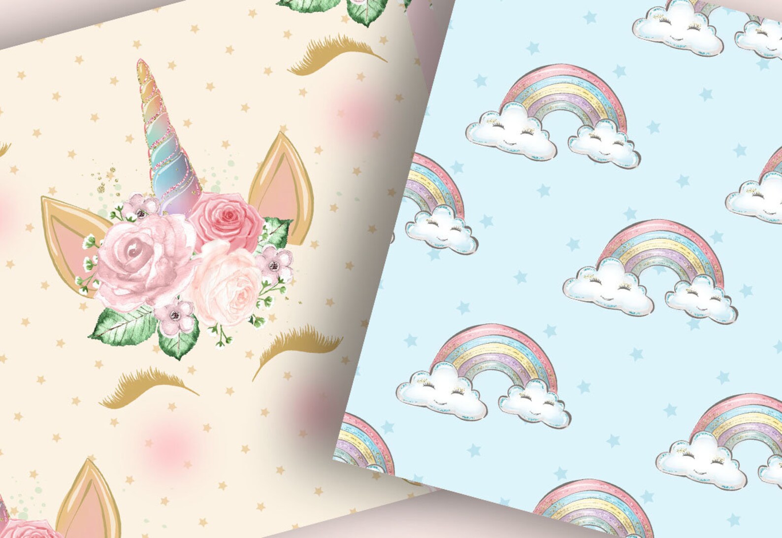 Unicorn Faces Floral Digital Paper Pack, Rainbow, Pink and Gold Unicorn ...