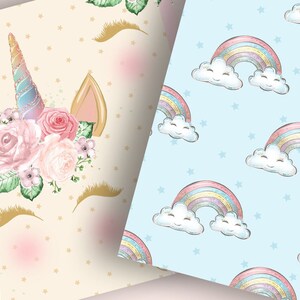 Unicorn Faces Floral Digital Paper Pack, Rainbow, Pink and Gold Unicorn ...