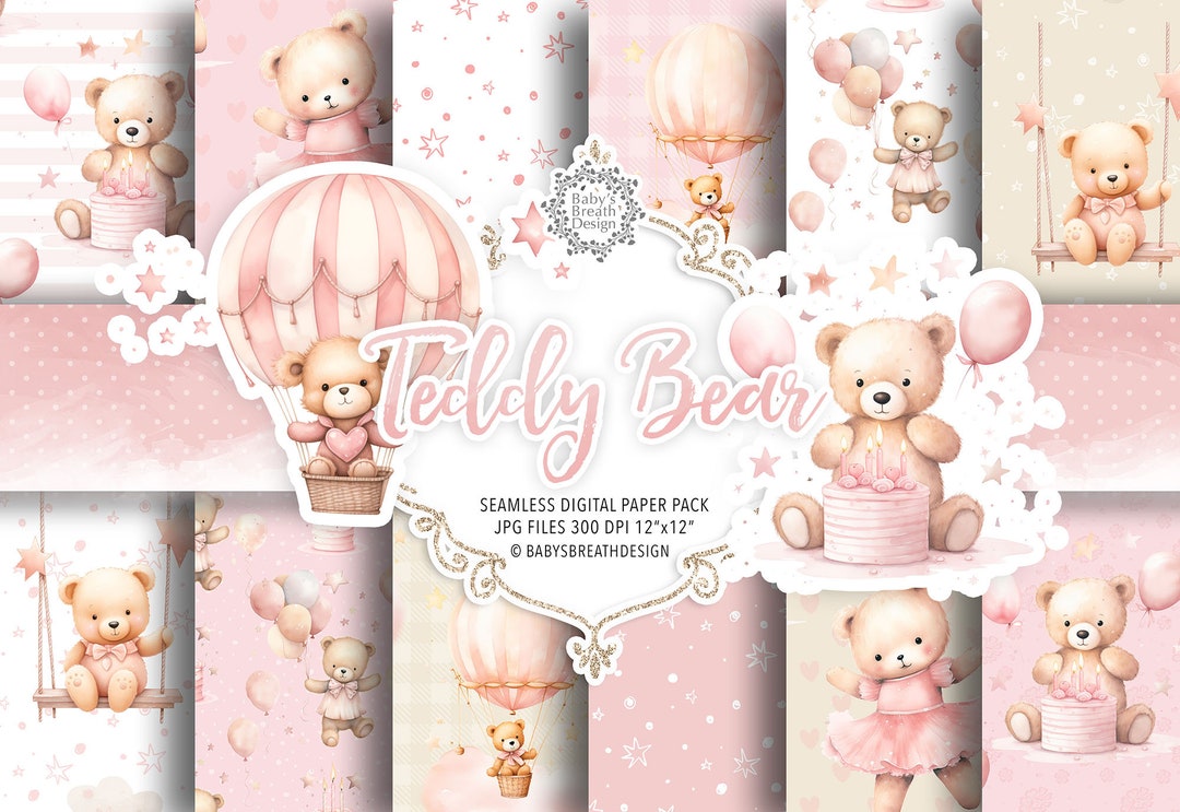 Pink Blush Teddy Bear Digital Paper Pack, Sleepy Teddy Bears, Baby Bear ...