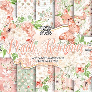 Watercolor PEACH ROMANCE Digital Paper Pack Bow Hydrangea - Etsy