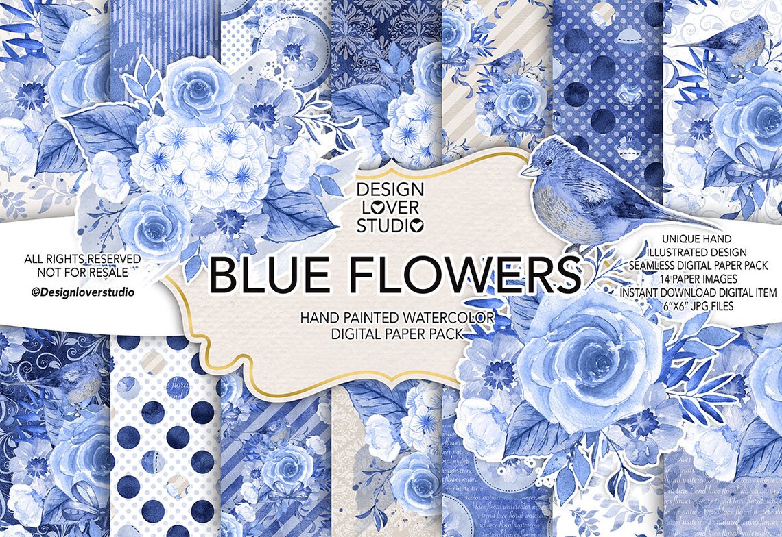 Watercolor BLUE FLOWERS Digital Paper Pack Roses Hydrangea - Etsy
