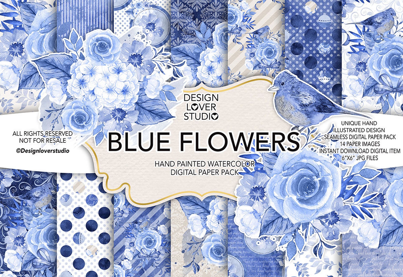 Watercolor BLUE FLOWERS Digital Paper Pack Roses Hydrangea - Etsy