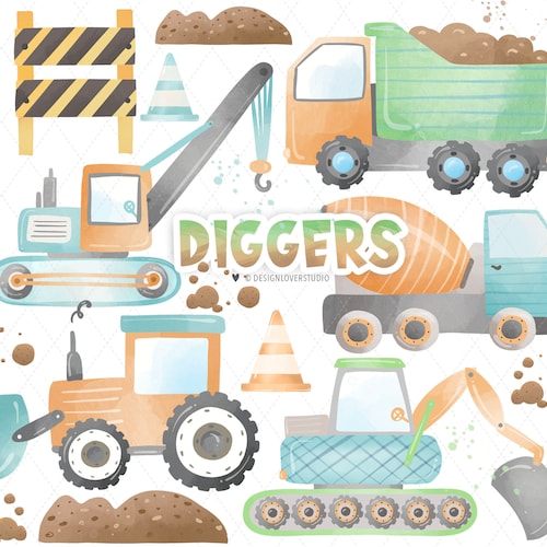 Watercolor Construction Diggers Clipart Boy Clipart Nursery - Etsy
