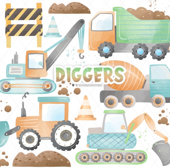 Watercolor Construction Diggers Clipart Boy Clipart Nursery - Etsy
