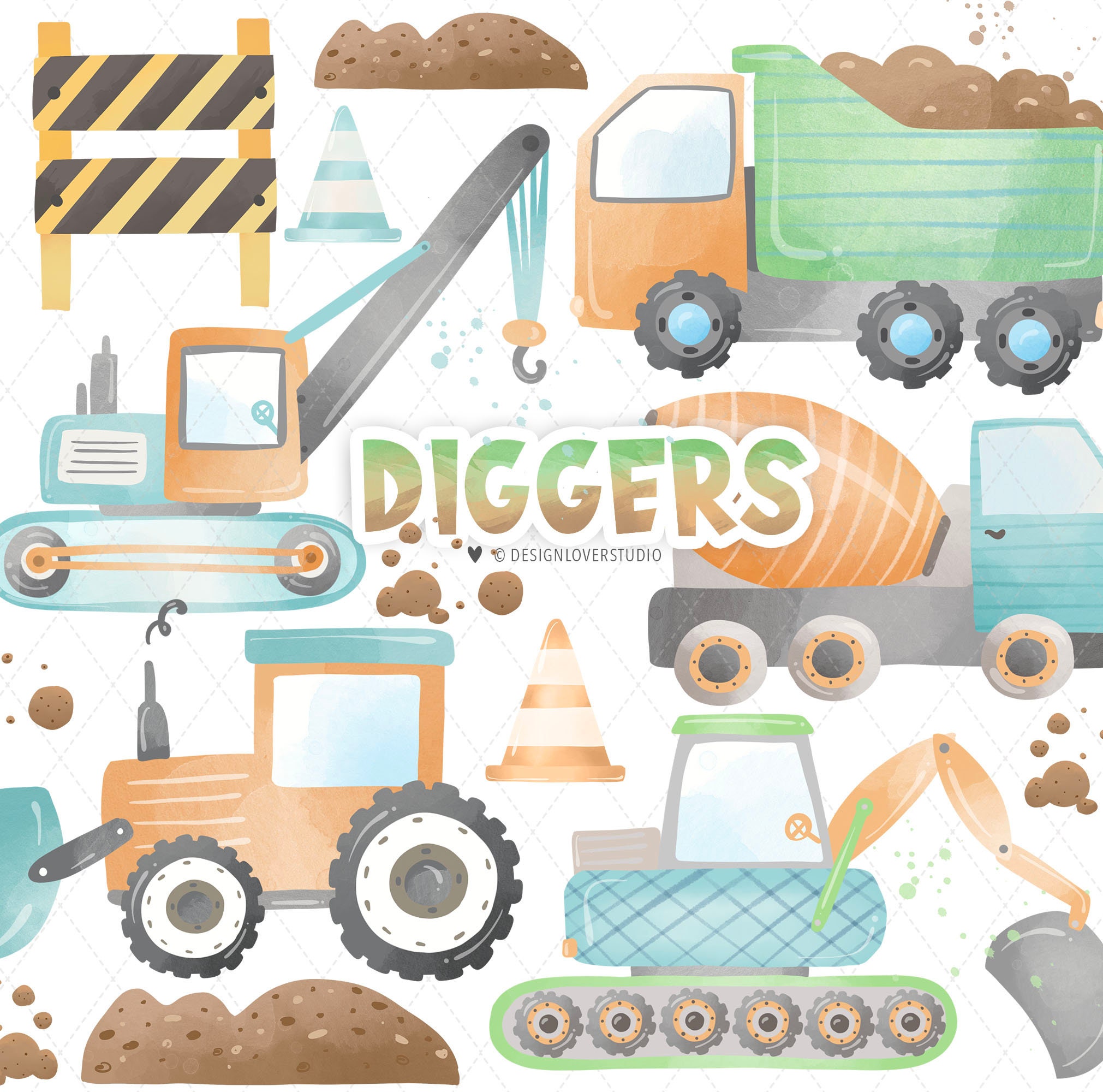 Watercolor Construction Diggers Clipart Boy Clipart Nursery - Etsy