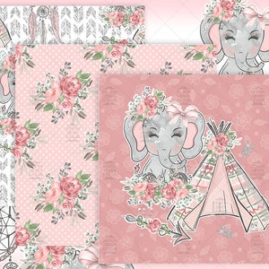 Boho Elephant Cute Digital Paper Pack, Boho Watercolor Flower, Floral ...