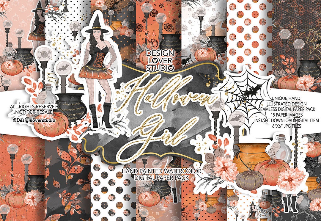 Halloween Girl Digital Paper Pack, Pumpkin, Halloween, Spider, Leaves ...