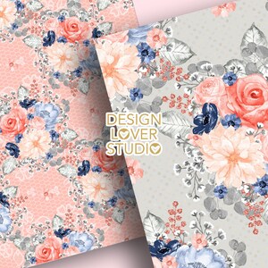 Watercolor Peach and Navy Digital Paper Pack, Spring Watercolor Flower ...