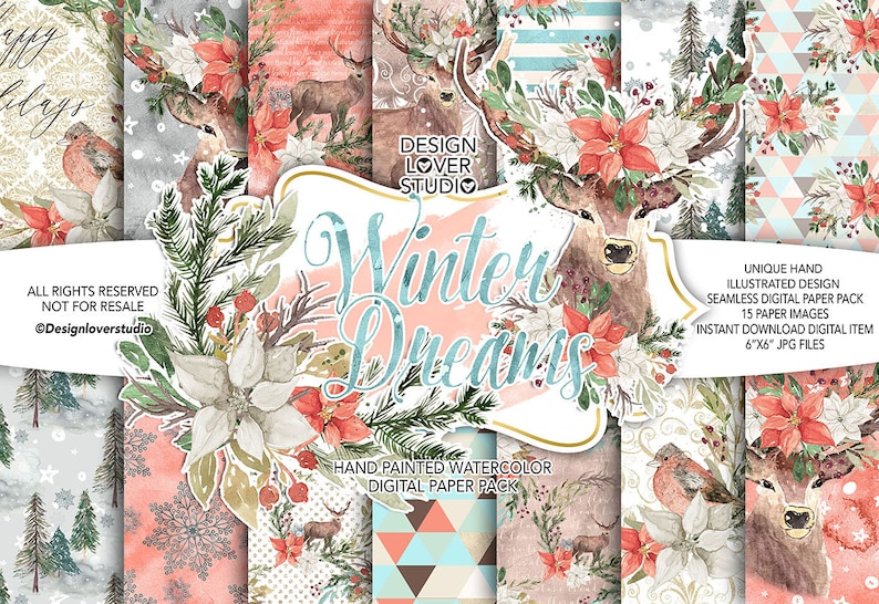 Winter Dreams Christmas Hand Painted Digital Papers Pine - Etsy
