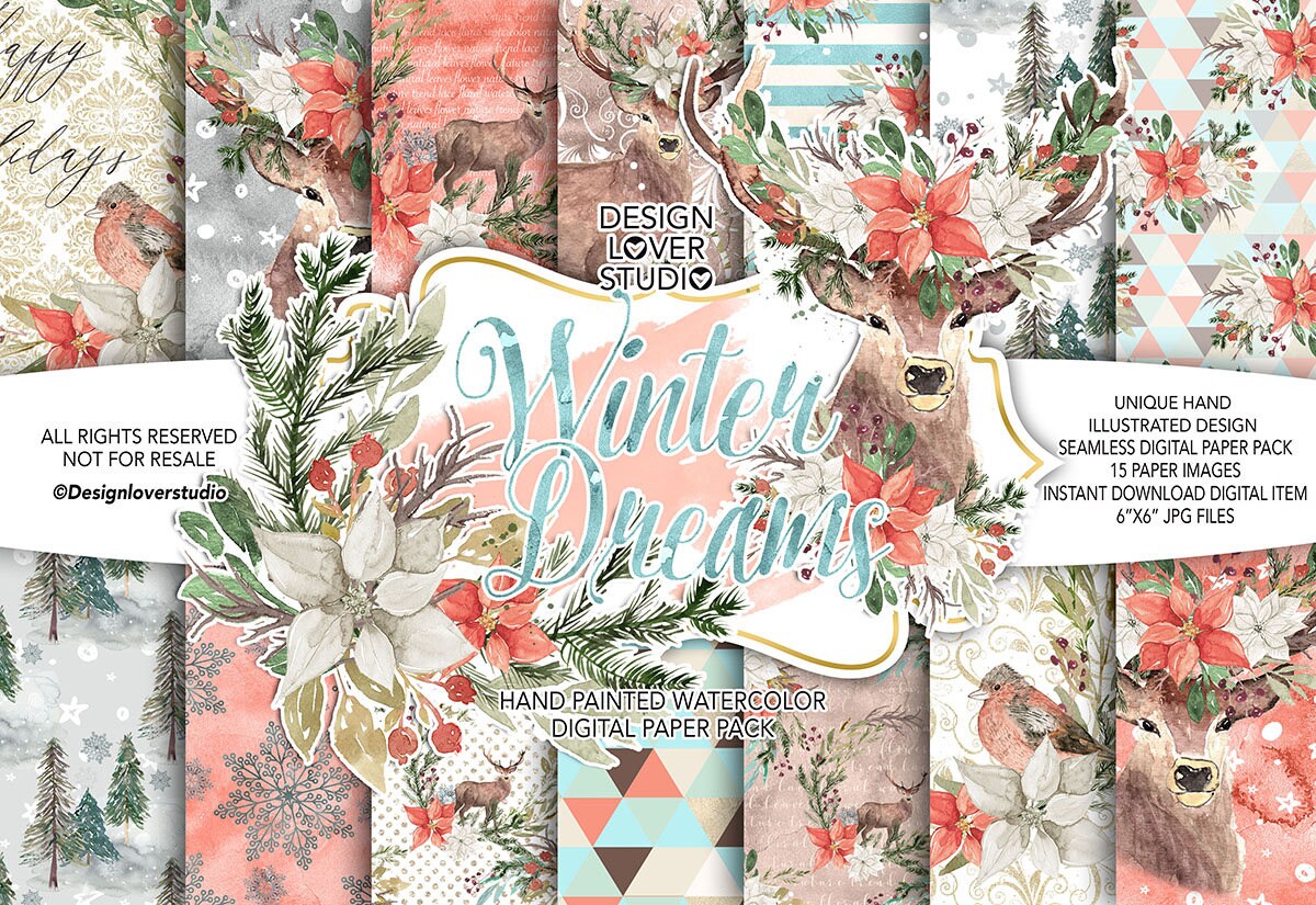 Winter Dreams Christmas Hand Painted Digital Papers Pine - Etsy