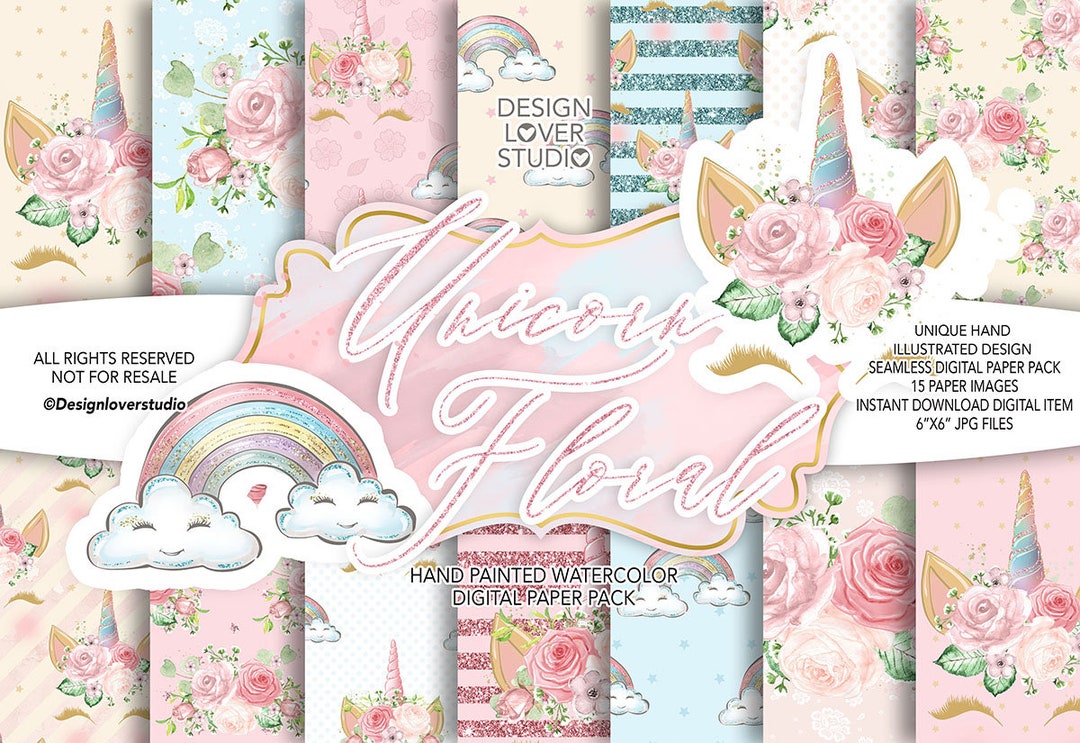 Unicorn Faces Floral Digital Paper Pack, Rainbow, Pink and Gold Unicorn ...