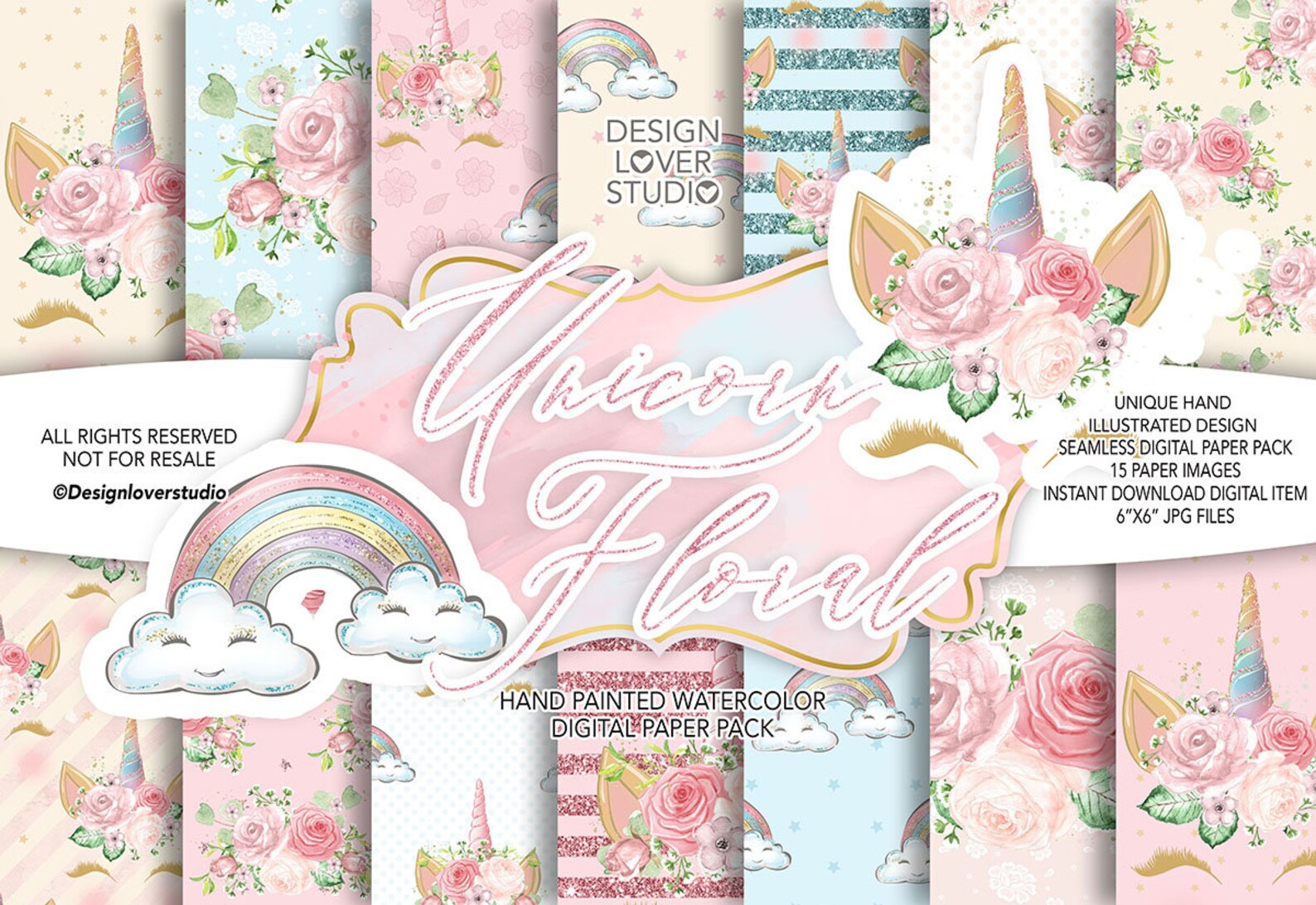 Unicorn Faces Floral Digital Paper Pack Rainbow Pink and - Etsy