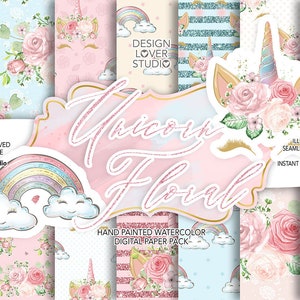 Unicorn Faces Floral Digital Paper Pack, Rainbow, Pink and Gold Unicorn ...