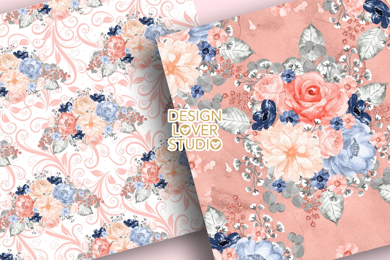 Watercolor Peach and Navy Digital Paper Pack Spring - Etsy