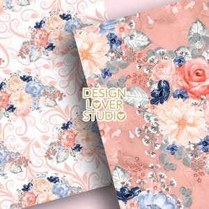 Watercolor Peach and Navy Digital Paper Pack, Spring Watercolor Flower ...