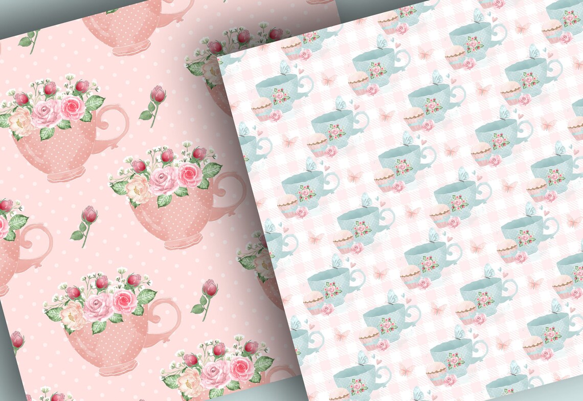 Watercolor Tea Party Digital Paper Pack, Tea Watercolor Flower, Pink ...
