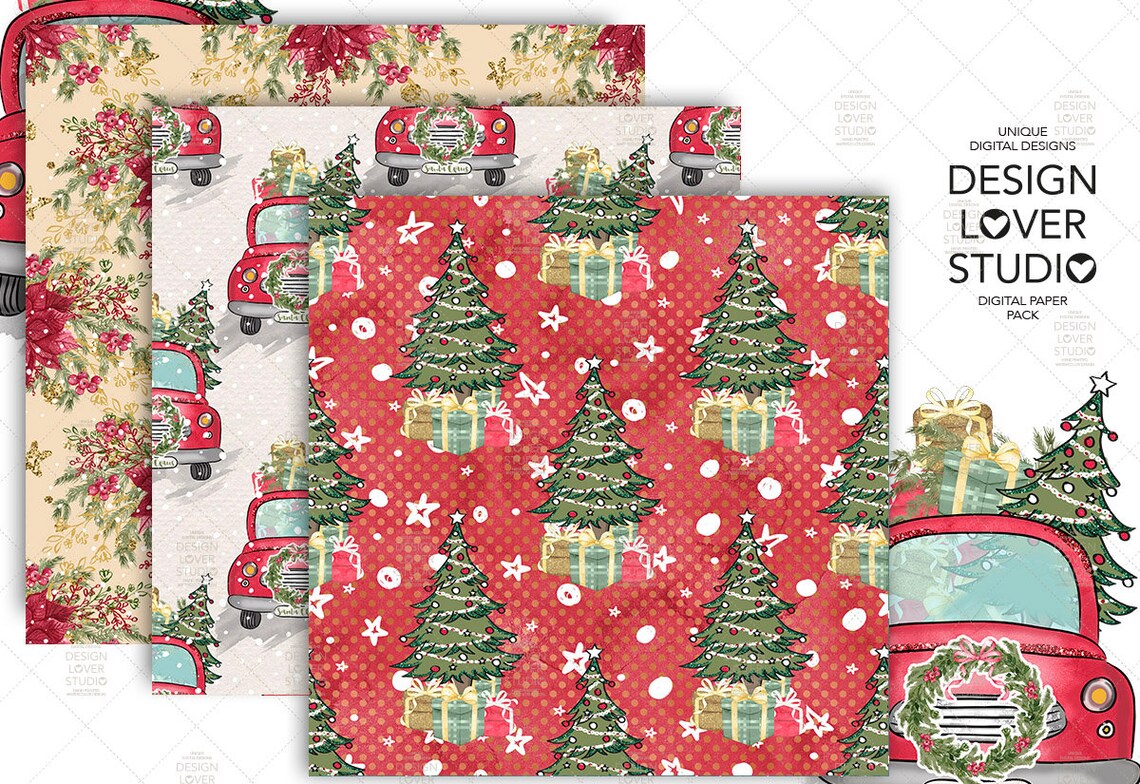 Santa Claus Car Design Digital Paper Pack, Christmas Flower, Christmas ...