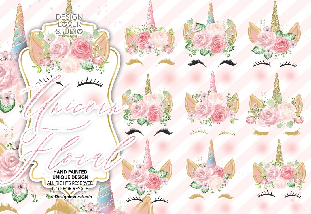 Unicorn Faces Floral Clipart, Rainbow, Pink and Gold Watercolor Unicorn ...