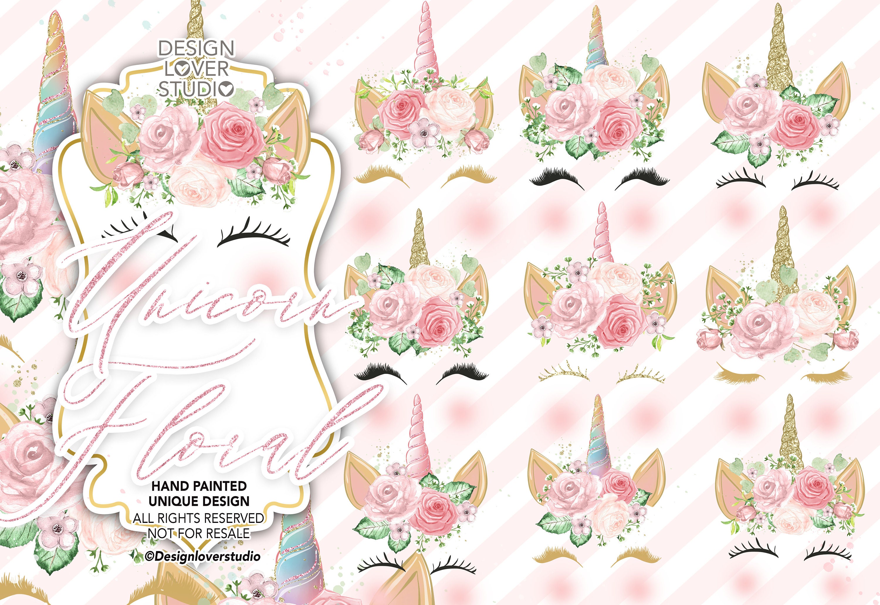 Unicorn Faces Floral Clipart rainbow pink and gold | Etsy