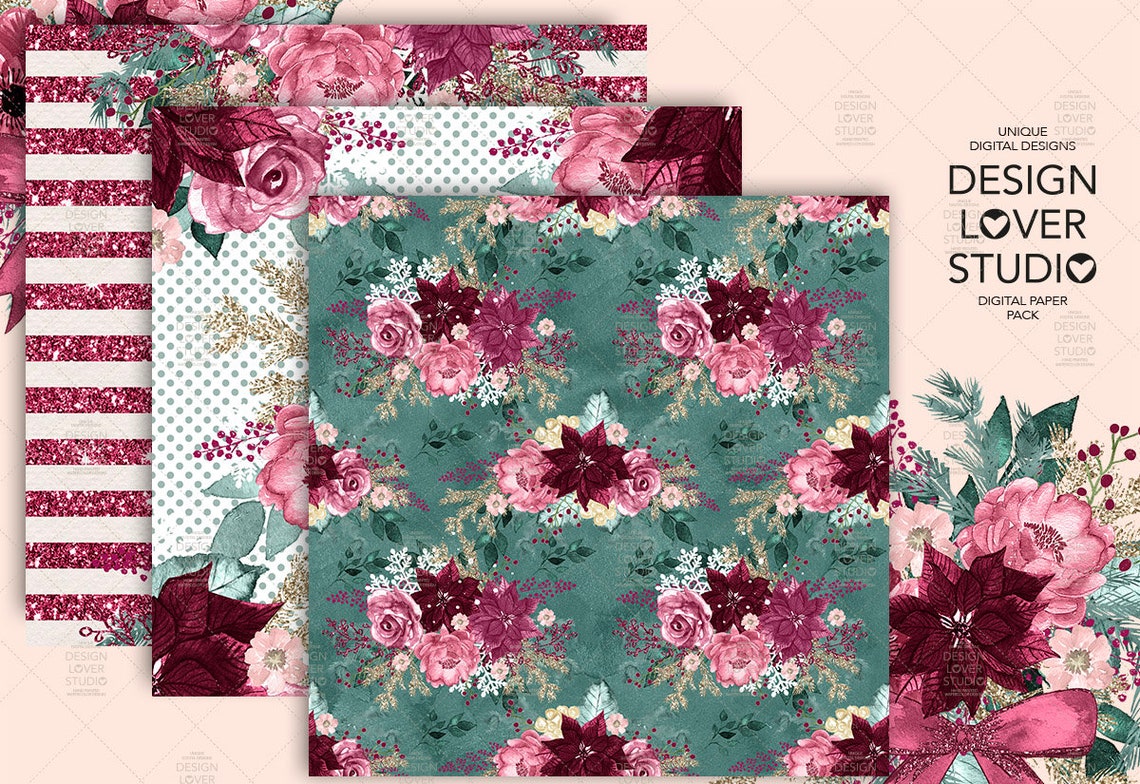 Burgundy Christmas Design Digital Paper Pack Christmas | Etsy