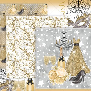 Happy New Year Gold Digital Paper Pack, Champagne, Gold, Watercolor ...