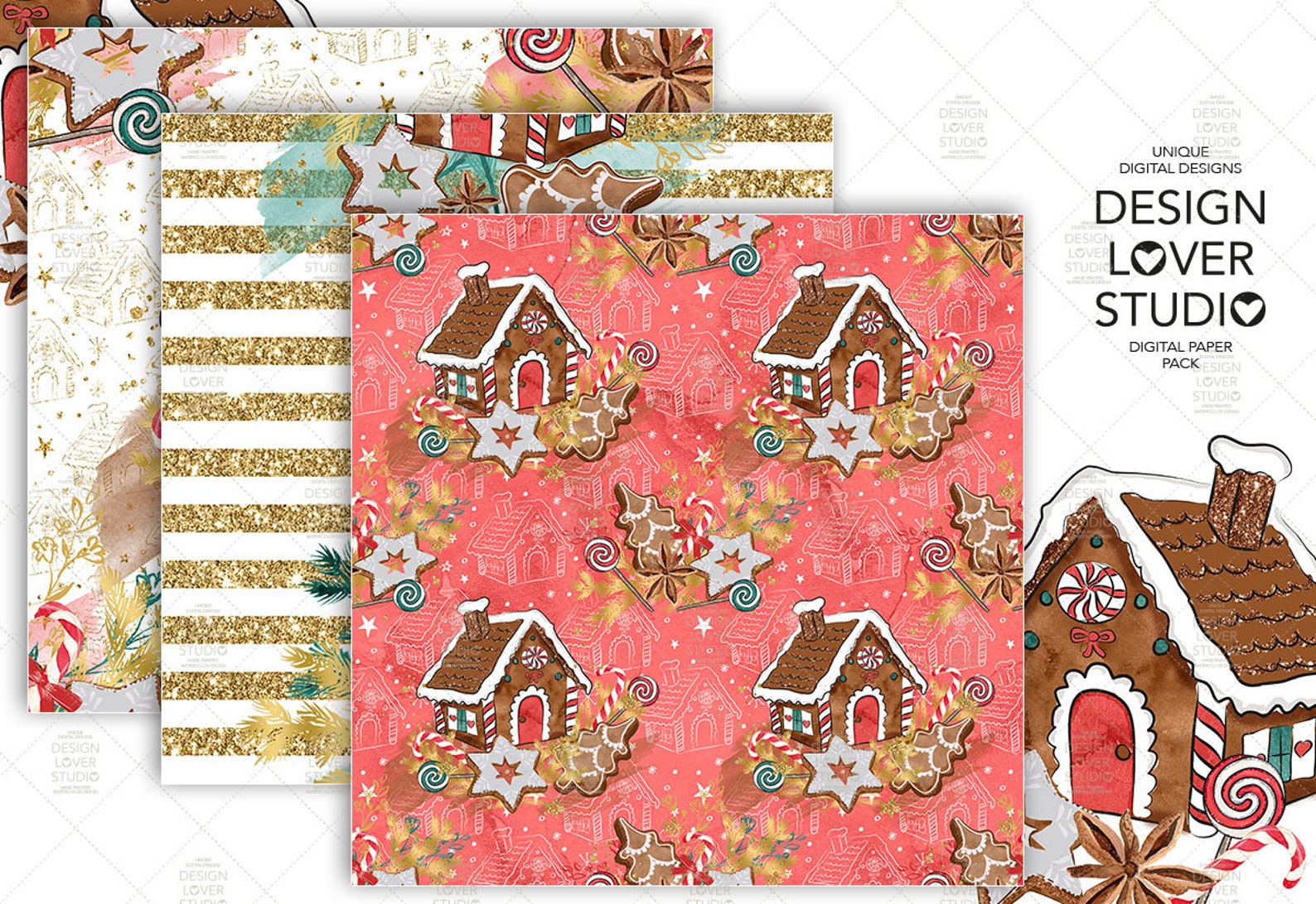 Gingerbread House Design Digital Paper Pack, Christmas Flower ...