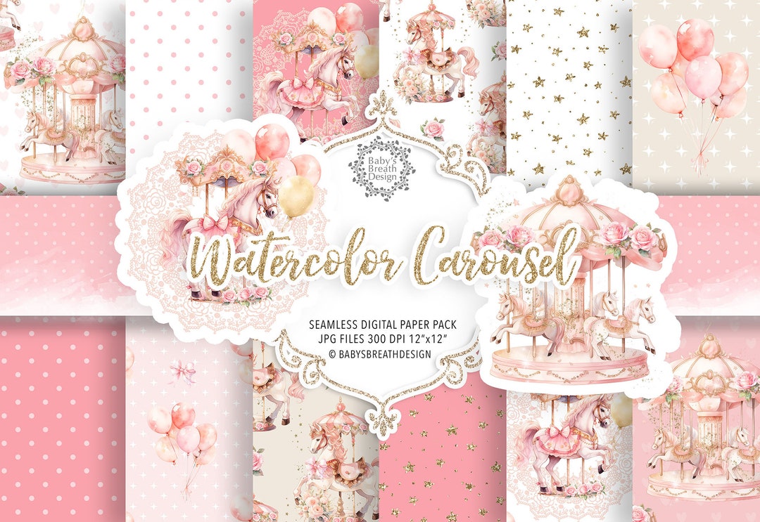 Watercolor Carousel Digital Paper Pack, Pony Pattern, Carousel, Nursery Clipart, Stickers ...
