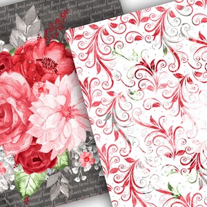 Watercolor RED ROMANCE Digital Paper Pack, Red Roses, Peony, Pink ...