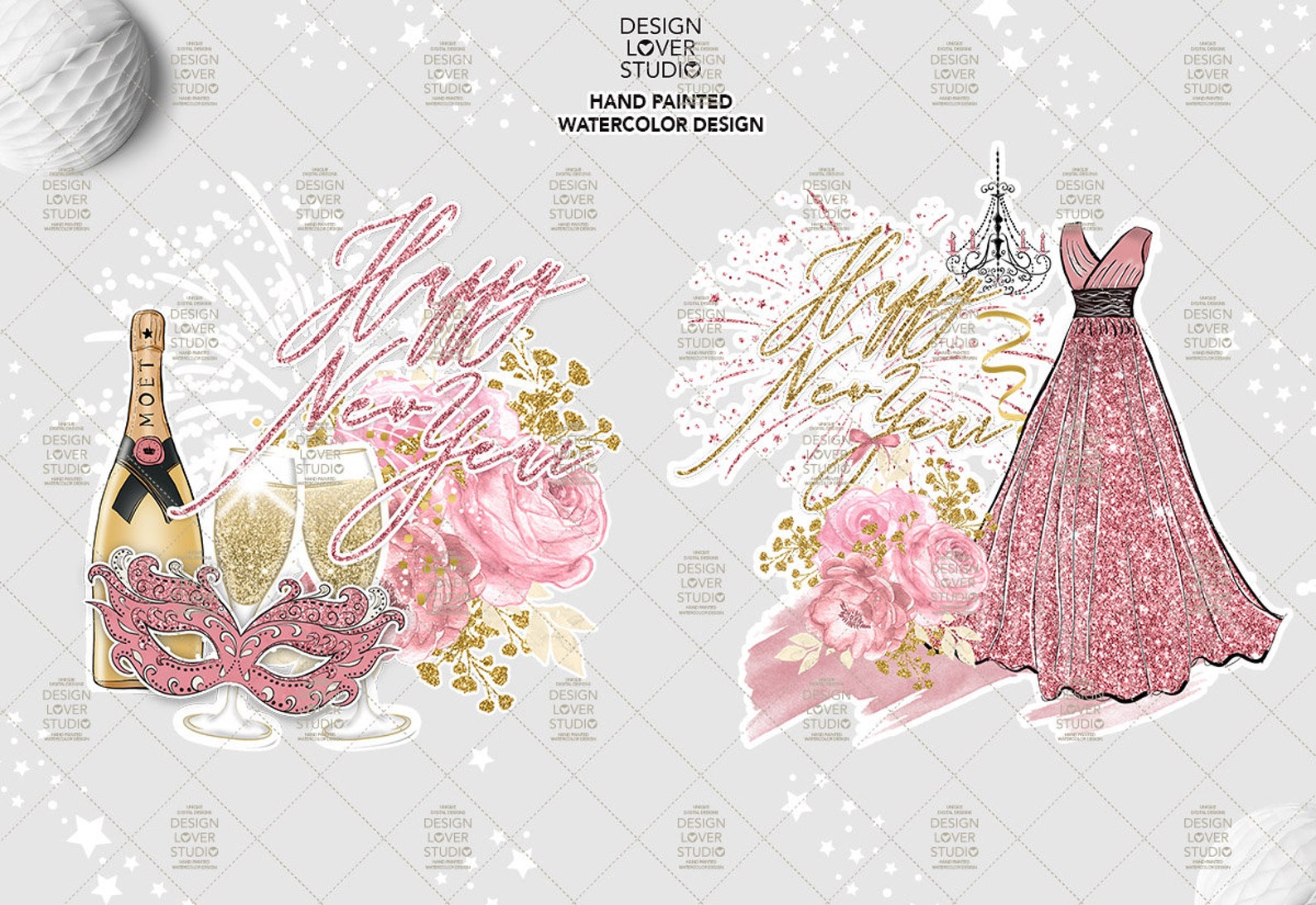 Happy New Year Design Champagne Gold Watercolor Clip Art - Etsy