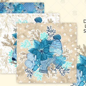 Hello Winter Blue Christmas Hand Painted Digital Papers, Pine Branches ...