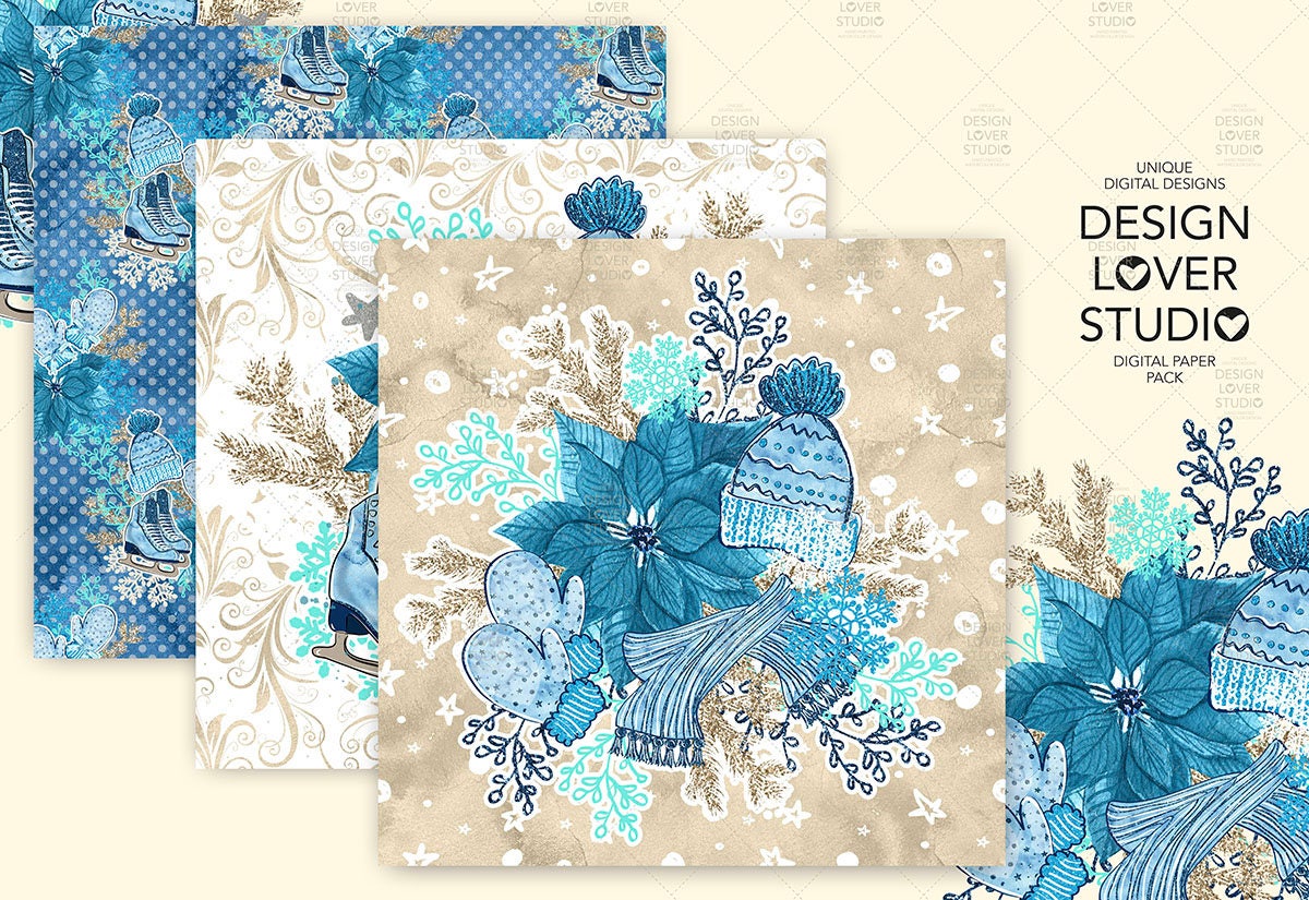 Hello Winter Blue Christmas Hand Painted Digital Papers Pine - Etsy