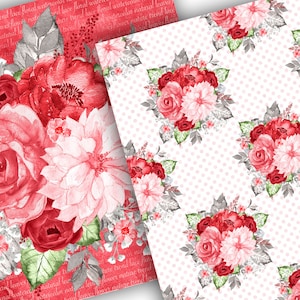 Watercolor RED ROMANCE Digital Paper Pack, Red Roses, Peony, Pink ...