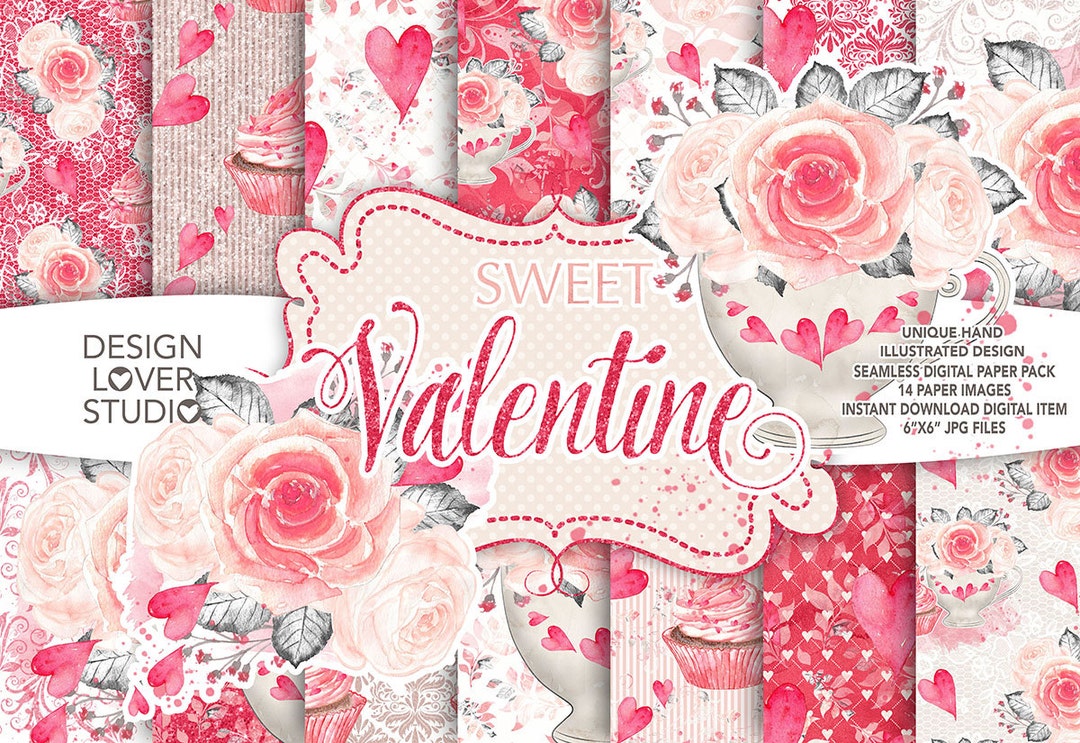 Watercolor Sweet Valentine Digital Paper Pack, Romantic, Hand Painted ...