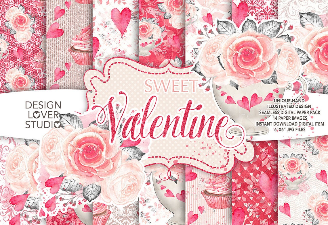 Watercolor Sweet Valentine Digital Paper Pack Romantic Hand - Etsy