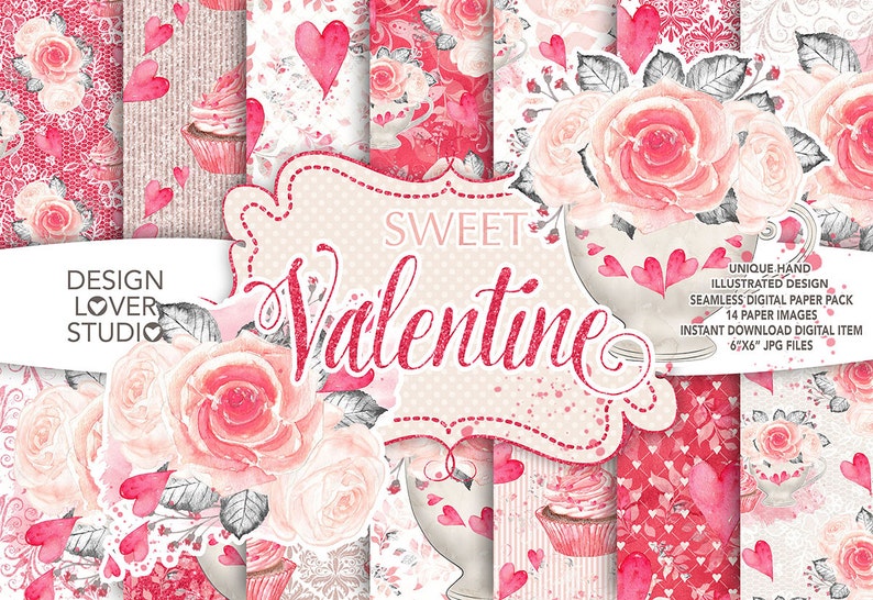 Watercolor Sweet Valentine Digital Paper Pack Romantic Hand | Etsy