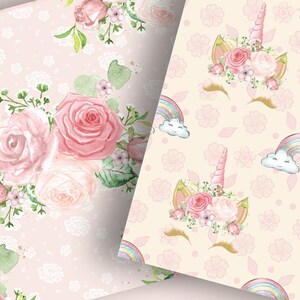 Unicorn Faces Floral Digital Paper Pack, Rainbow, Pink and Gold Unicorn ...