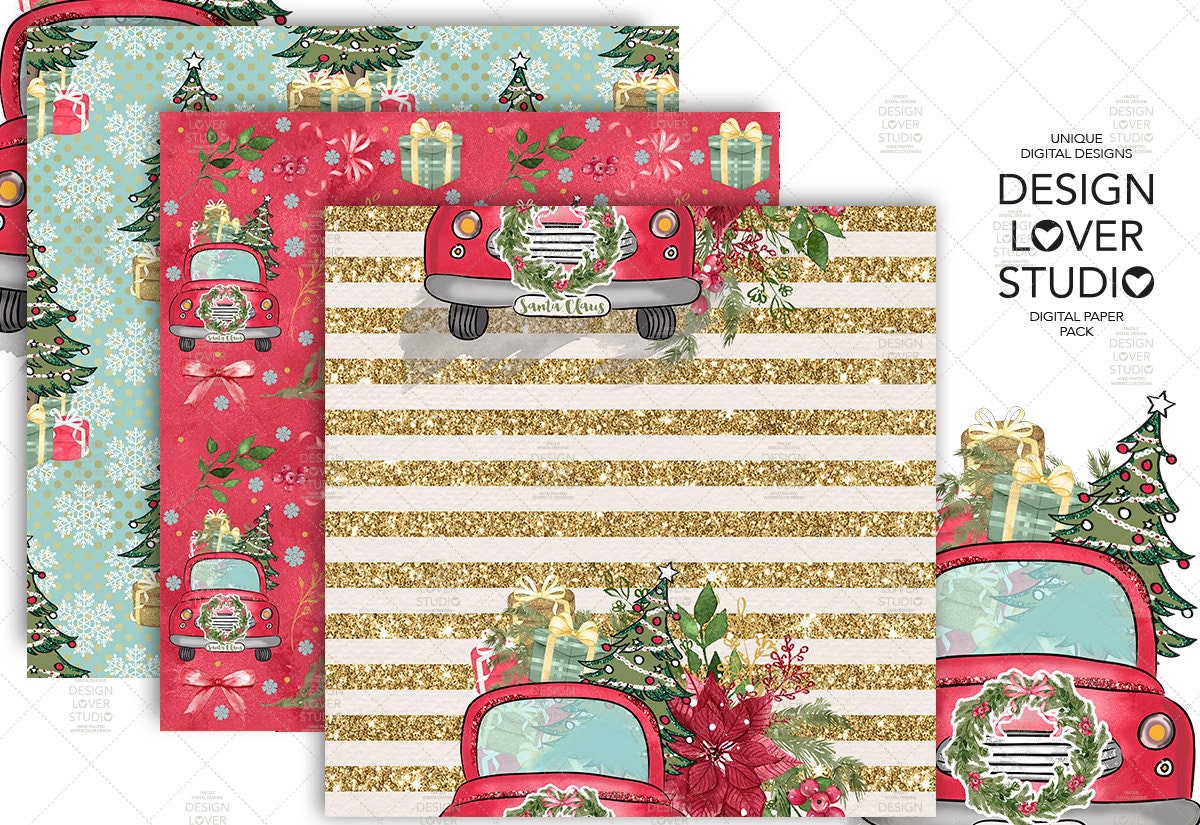 Santa Claus Car Design Digital Paper Pack, Christmas Flower, Christmas ...