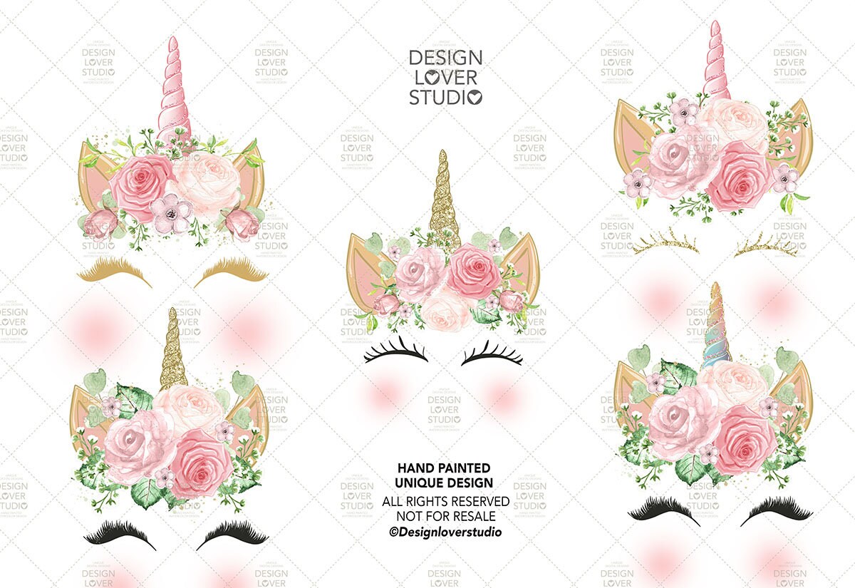 Unicorn Faces Floral Clipart Rainbow Pink and Gold - Etsy