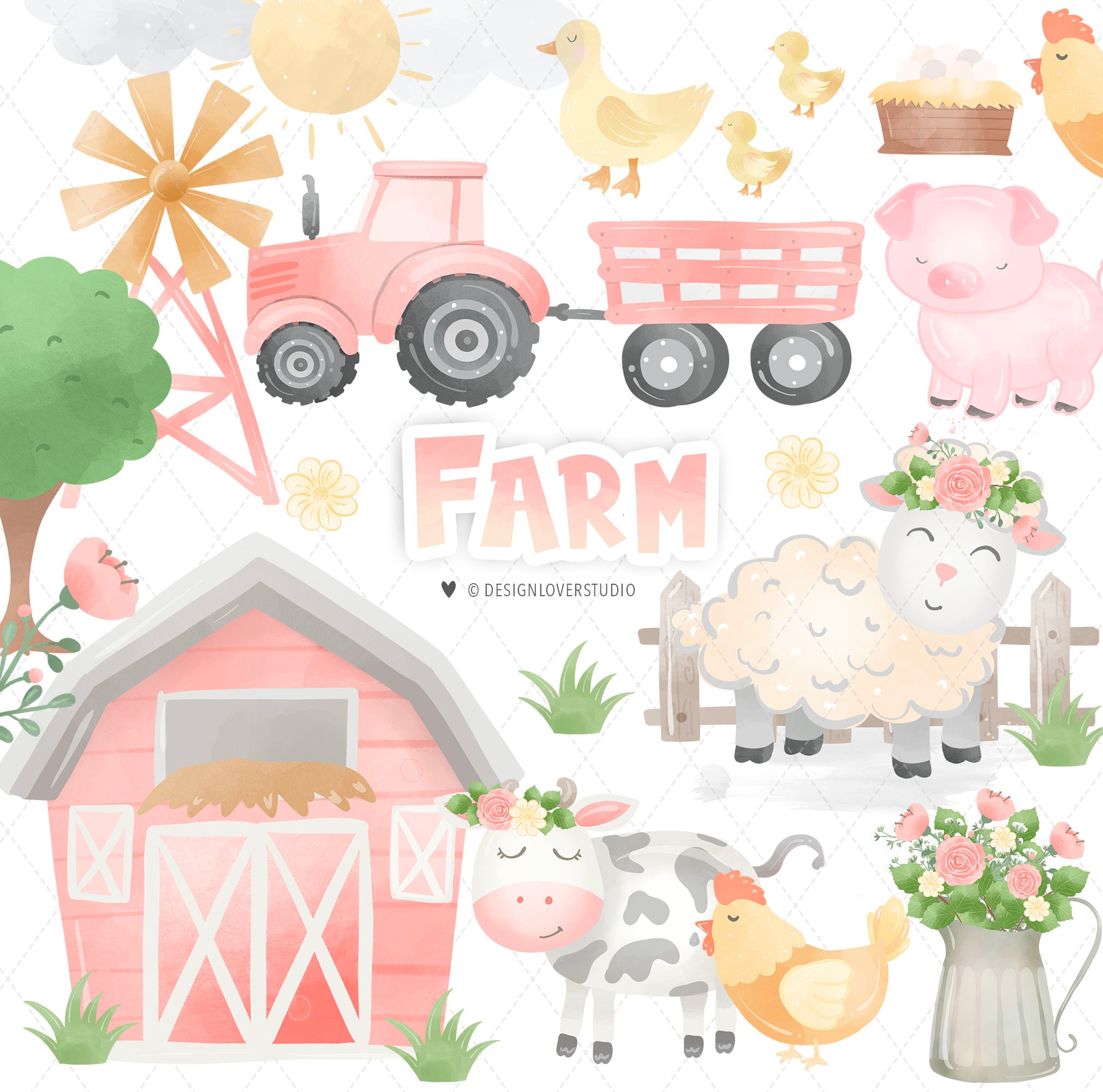 Watercolor Cute Farm Clipart Barn Clipart Animal Clipart - Etsy
