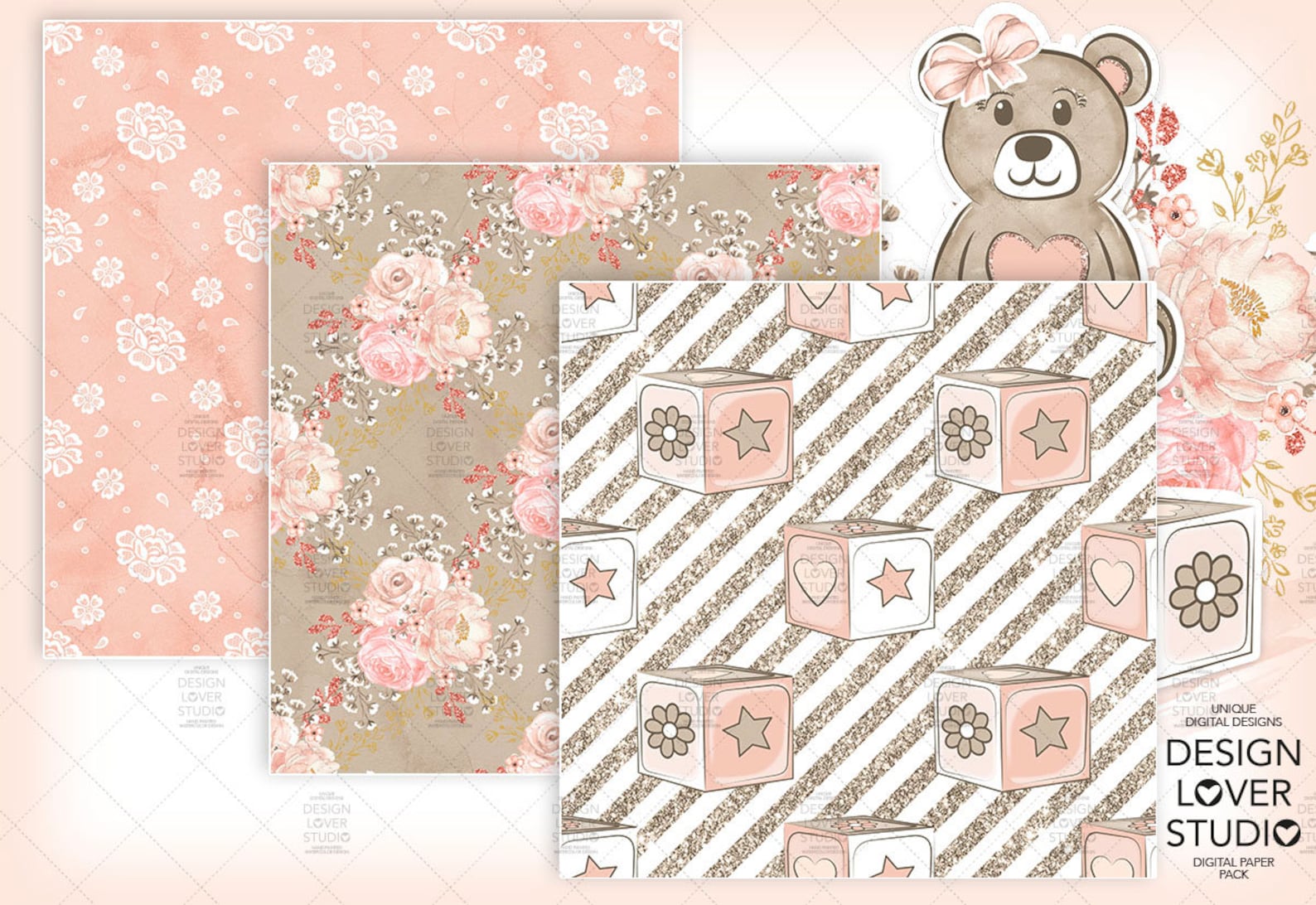 Baby Girl Digital Paper Pack Baby Background Cute Baby Bear - Etsy
