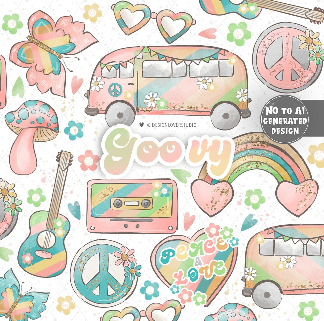 Watercolor Groovy Design, Groovy Clipart, Retro Clipart, Vintage, Retro ...