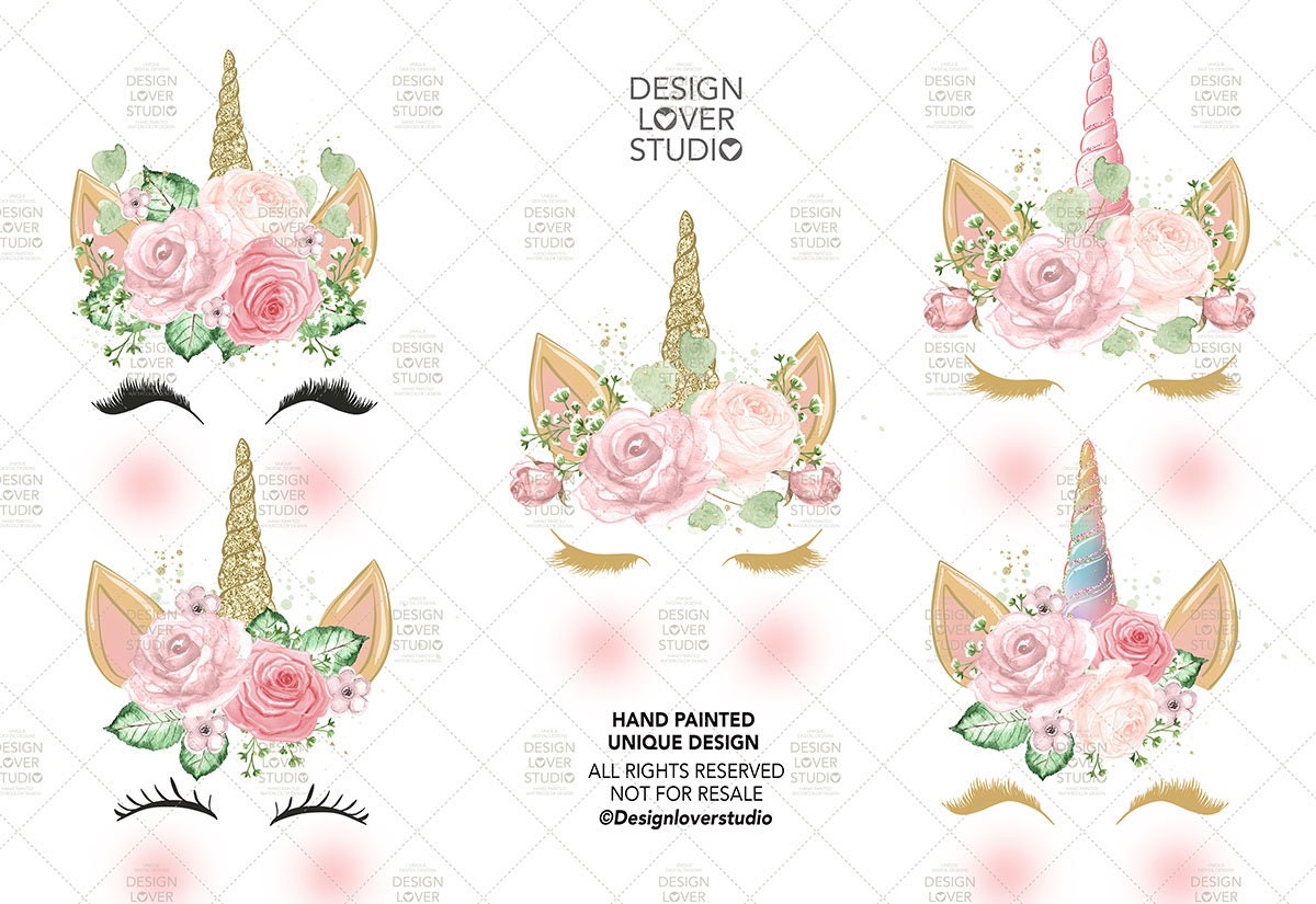 Unicorn Faces Floral Clipart Rainbow Pink and Gold - Etsy