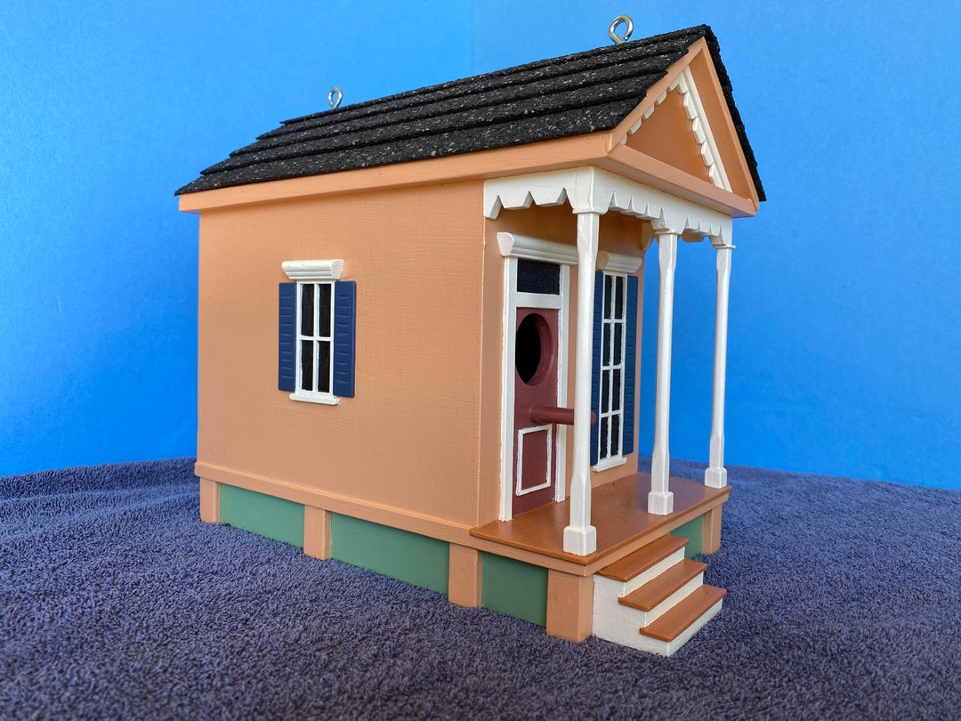 Shotgun Birdhouse W/porch - Orange W/rust Door & Blue Shutters - Etsy