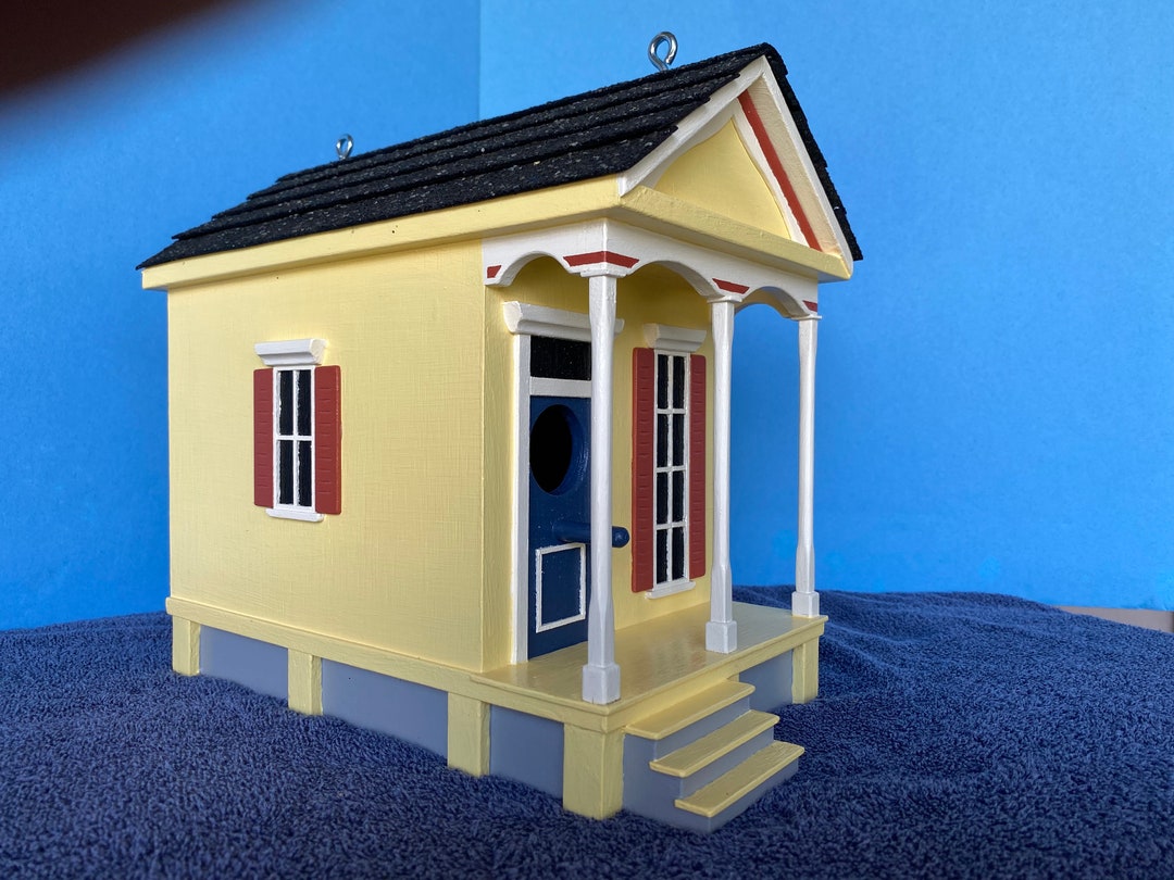 Shotgun Birdhouse W/porch - Yellow W/blue Door & Rust Shutters - Etsy