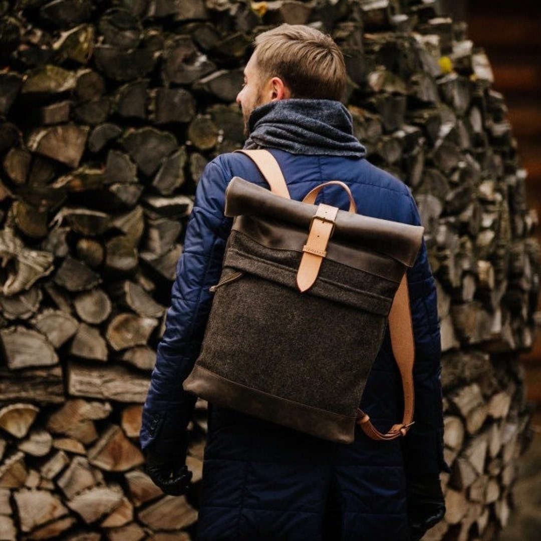 Wool Felt Backpack Men's Backpack Roll Top Backpack Laptop Backpack ...